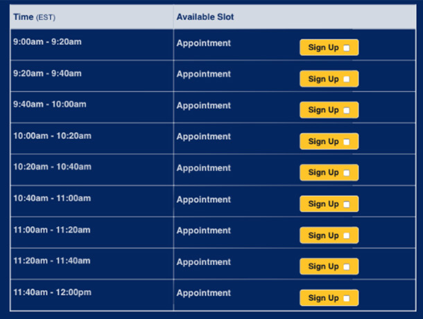 Online Sign Up Sheet Time Slots