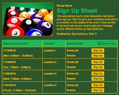 Pool Tournament Sign Up Sheet